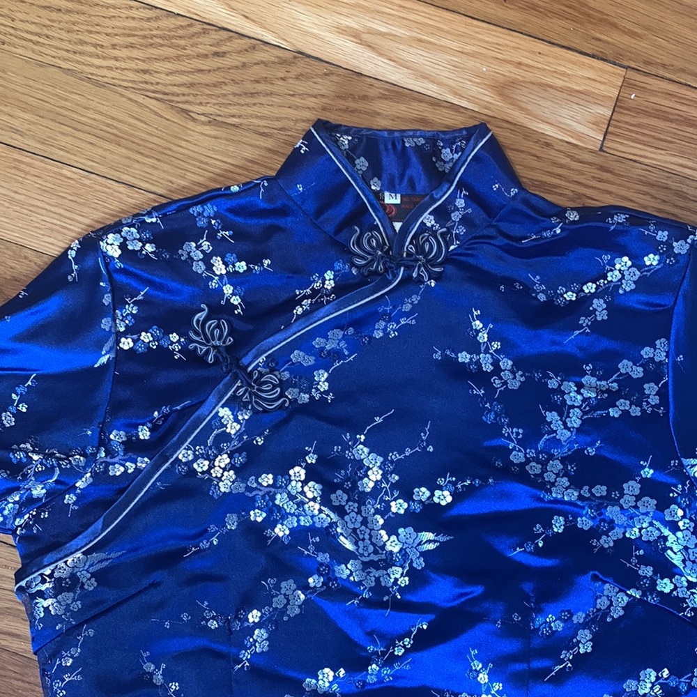Traditional Chinese Blue Silk-Like Dress - Cheongsam/… - Gem
